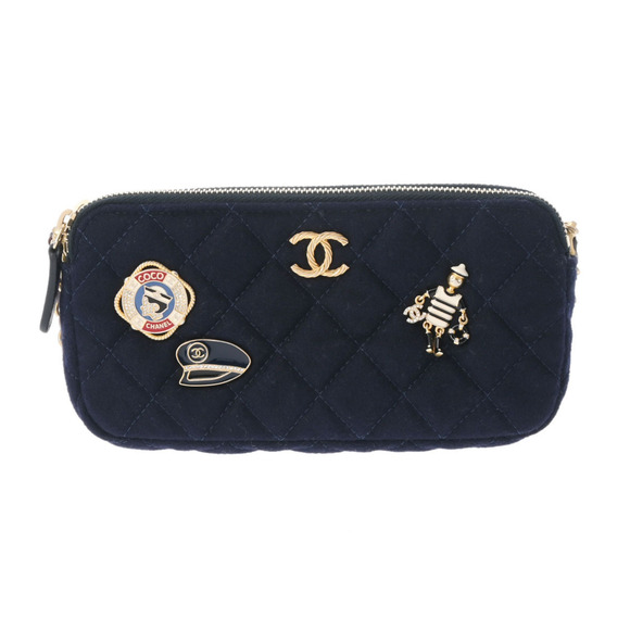 CHANEL | Bags | Chanel Double Zip Chain Shoulder Embroidery Navy Womens ...